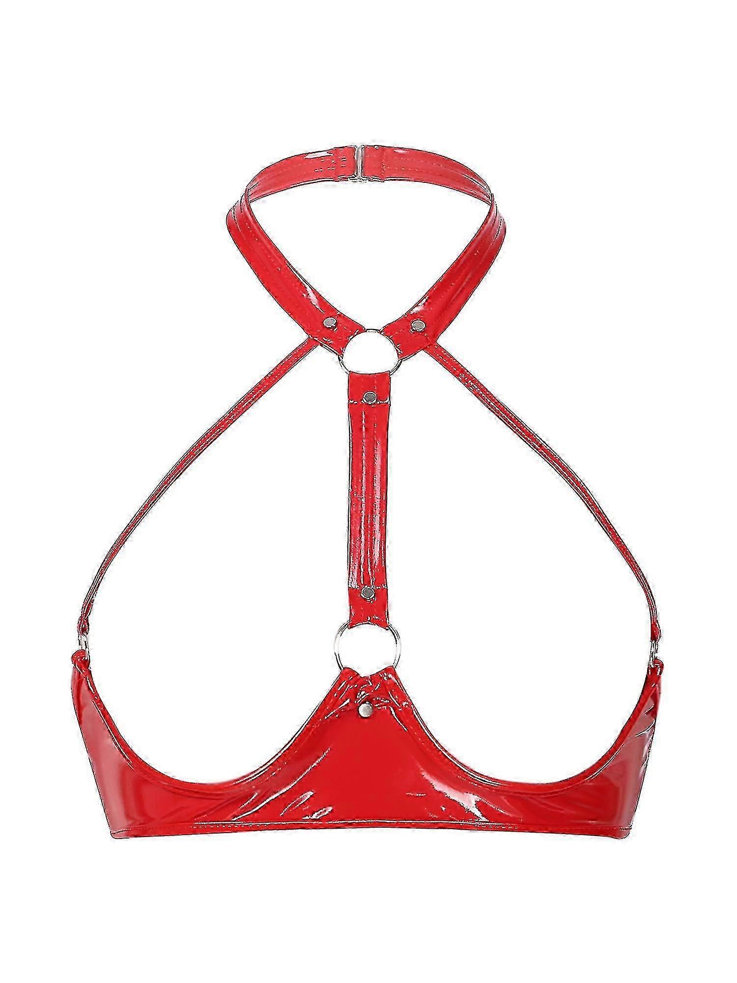 Otwoo Womens Wet Look Patent Leather Bra Lingerie Halter Neck Open ...