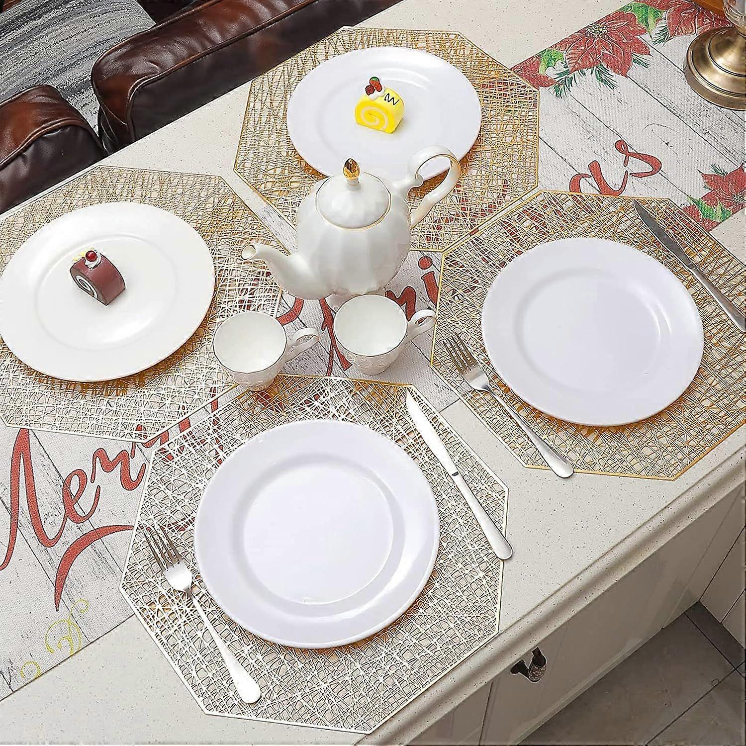 6pcs Octagonal Gold Placemats Hollow Out Mats Vinyl Non Slip Heat ...