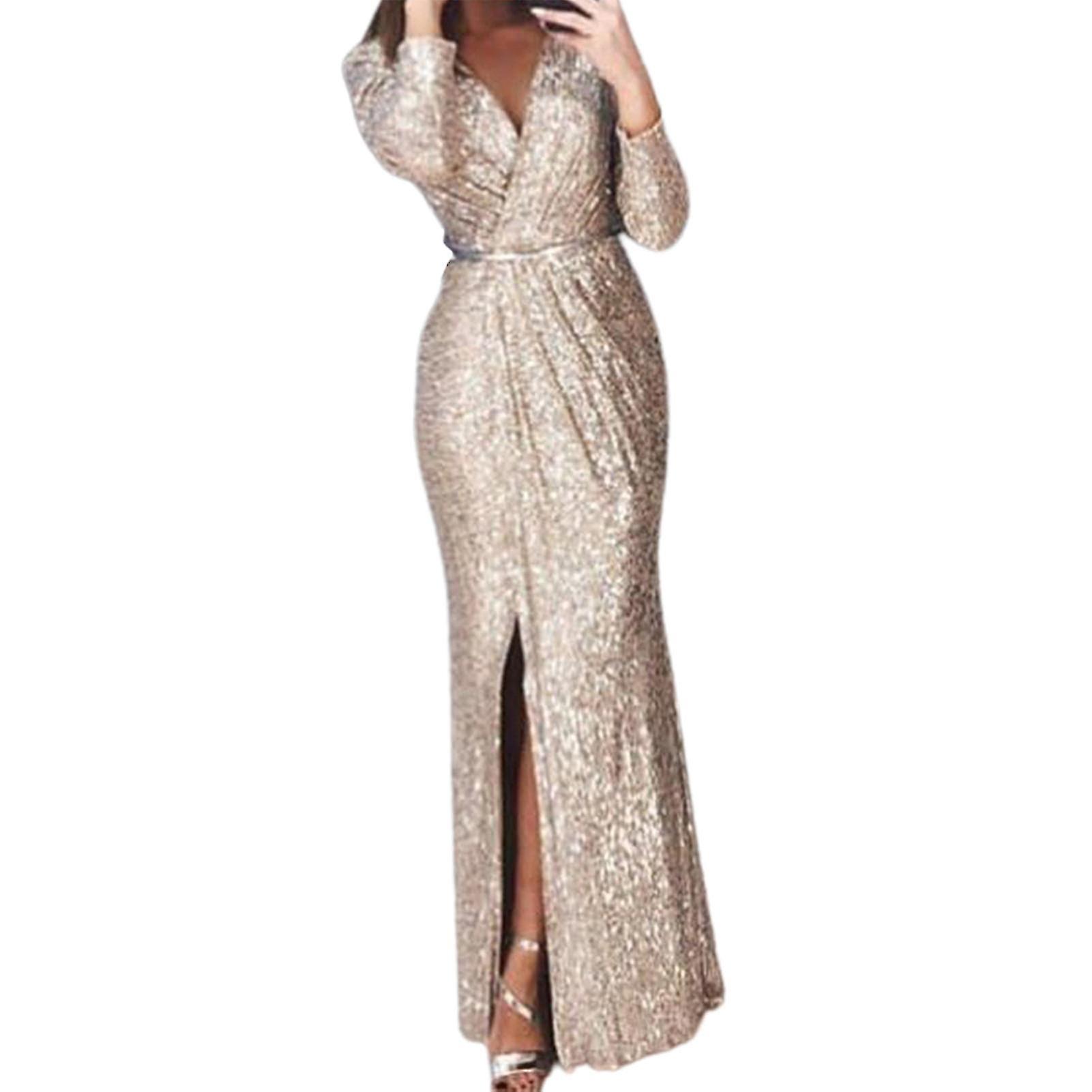 Women Deep V Neck Sequin Dress With Slit Long Sleeve Club Party Evening ...