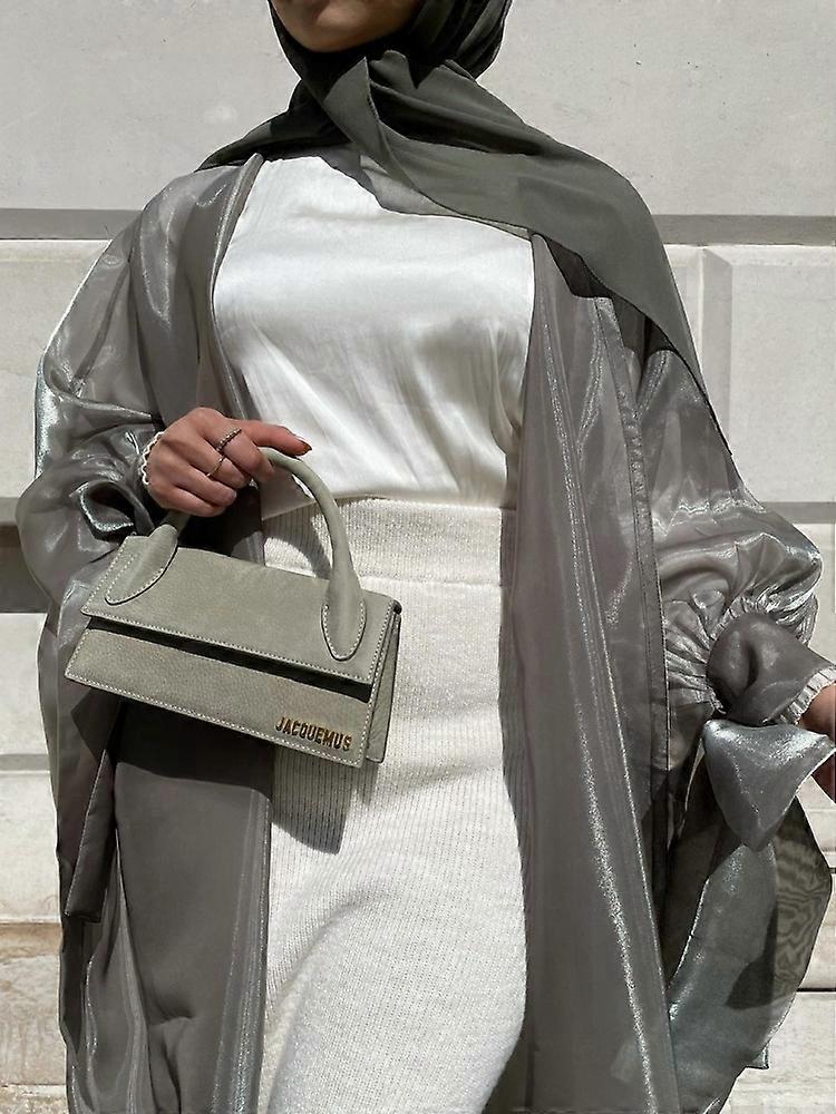 Summer Ramadan Eid Abaya Dubai Shiny Puff Sleeves Silky Muslim Dress Turkey Islam Open Abayas ...