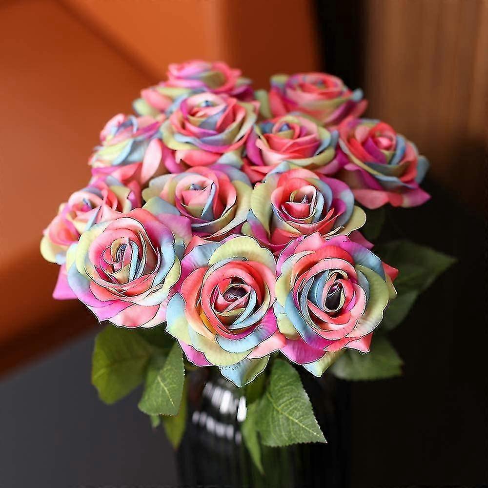 12 Pack Artificial Rainbow Flowers, Rainbow Roses Bouquet Fake Rainbow ...