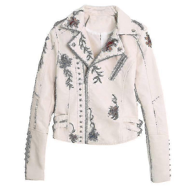 Floral Print Embroidery Faux Soft Leather Jacket, Motorcycle Punk Coat ...