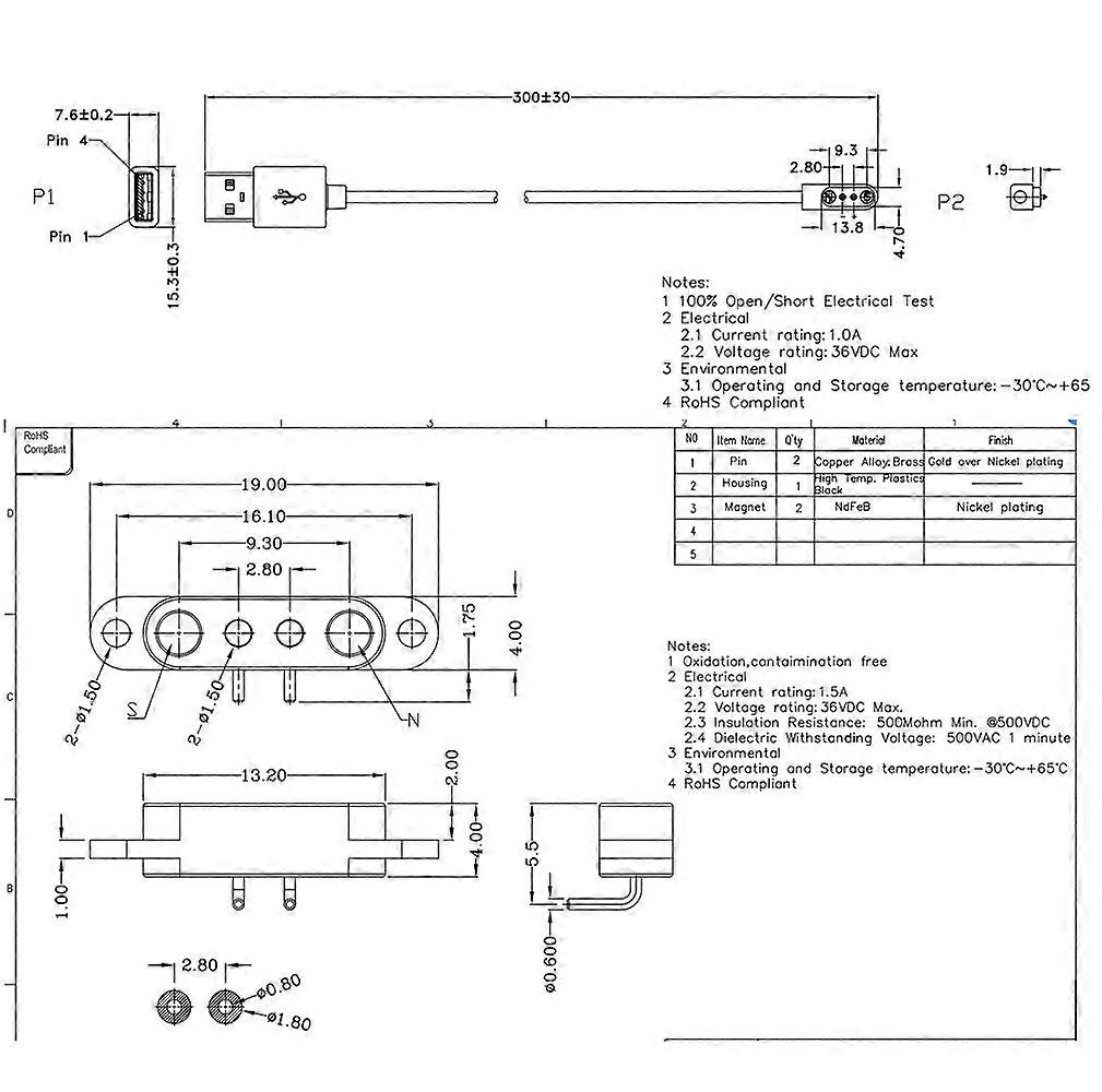 USB to Spring-Loaded Magnetic Pogo pin connector 2 pin Pitch 2.8 mm ...