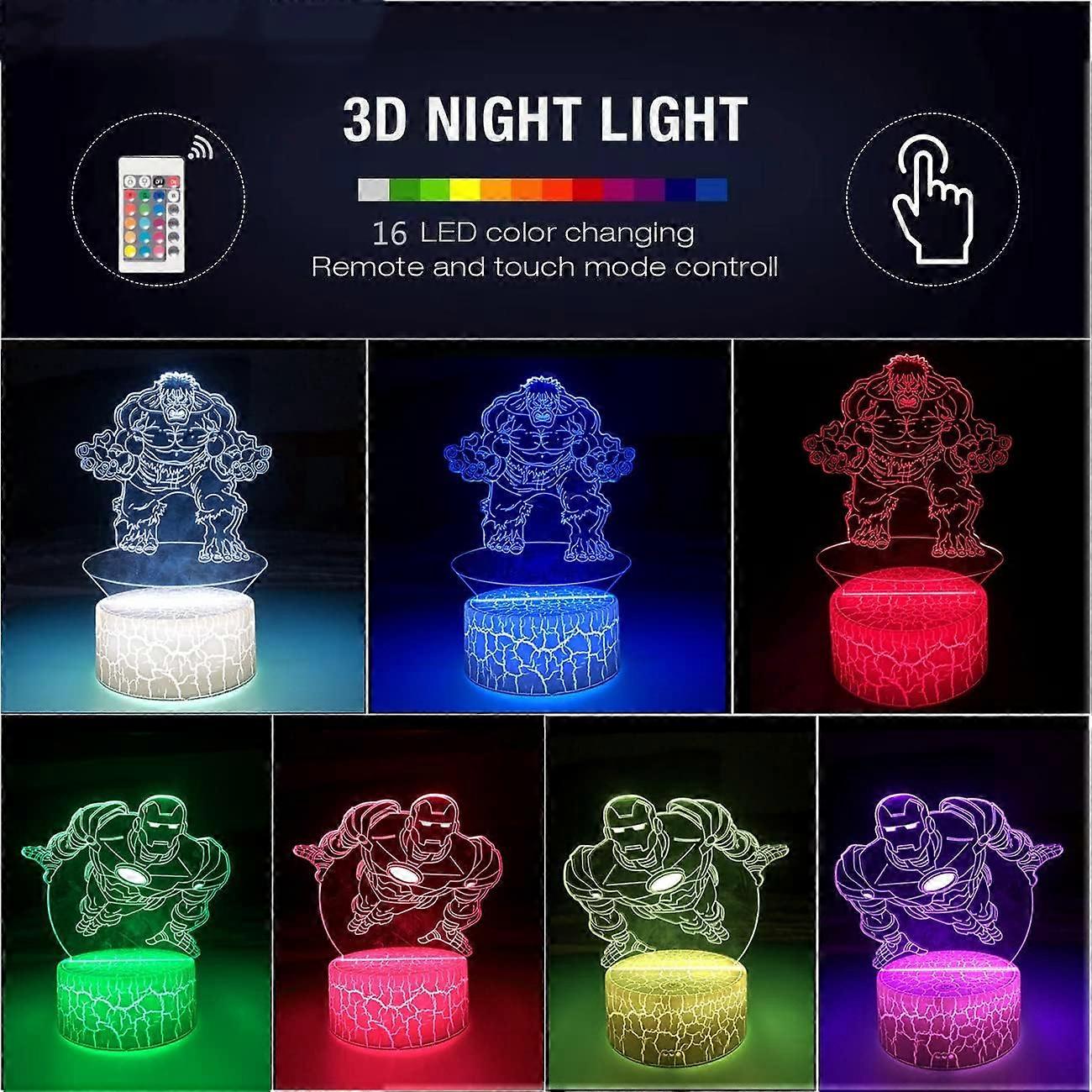 Superhero 3D Night Lights for Kids Gift, Hulk-Ironman 3D LED Deco Lamp ...
