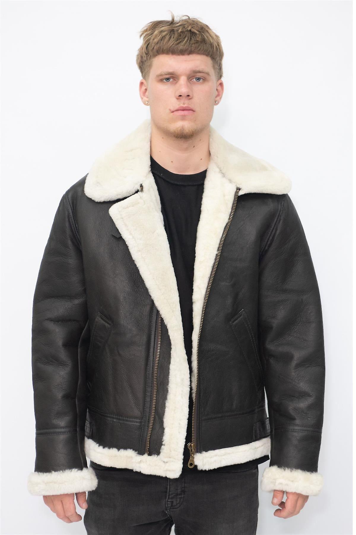 Men's Brown Pilot B3 Flying Shearling Sheepskin WWII Bomber Aviator ...