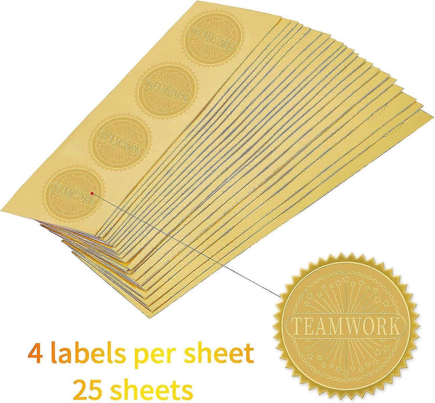 Gold Foil Certificate Seals Teamwork 2" Round Self Adhesive Embossed ...