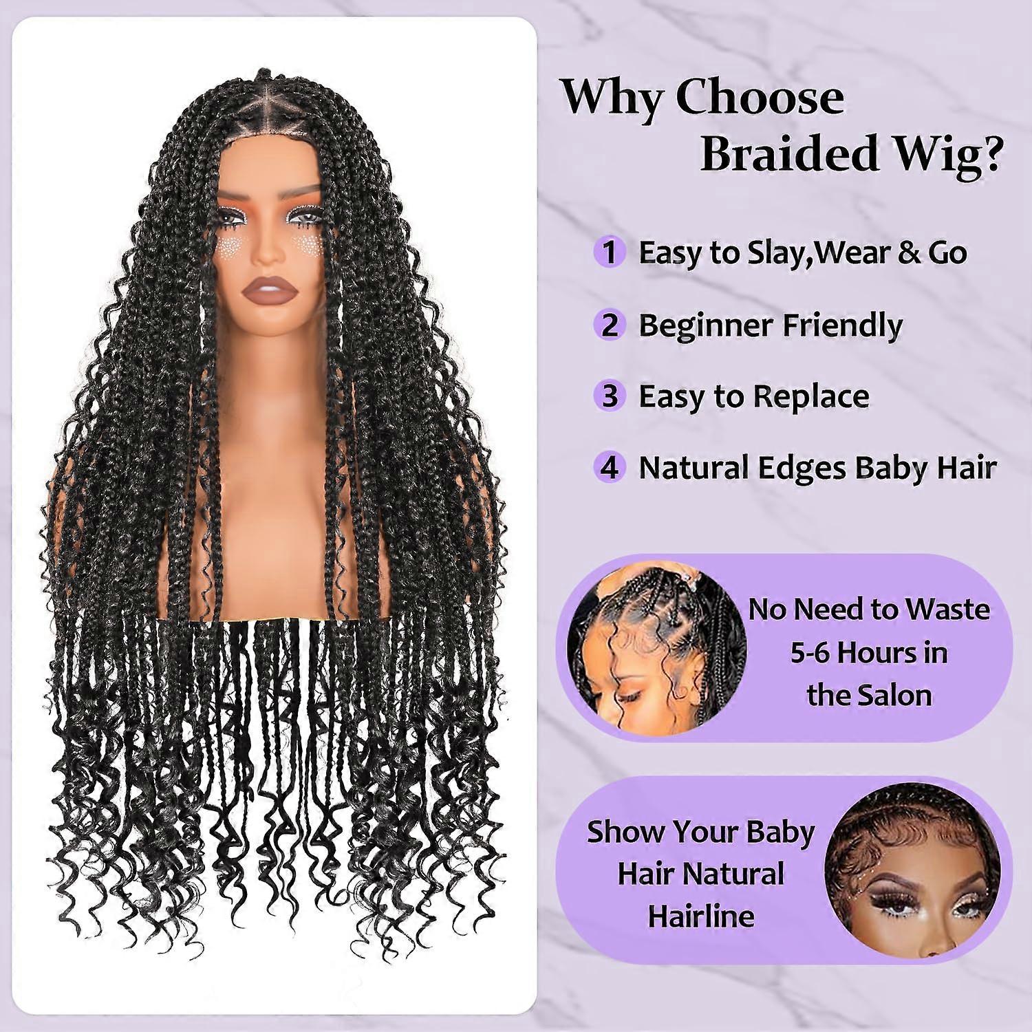 Goddess Box Braids Wig Knotless Design with Curly Boho Ends Full Lace ...