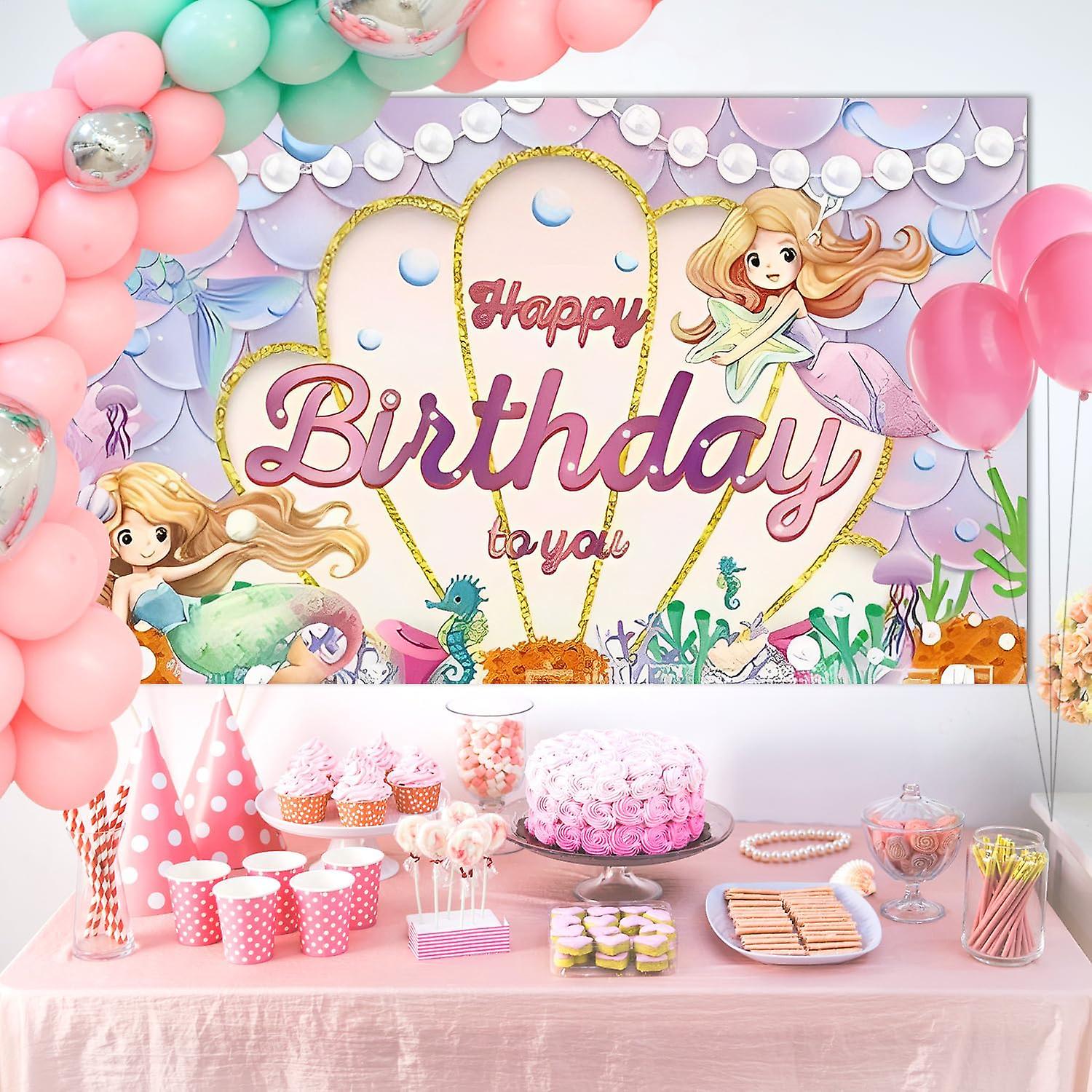 Mermaid Theme Happy Birthday Decorations Backdrop, Mermaid Birthday ...