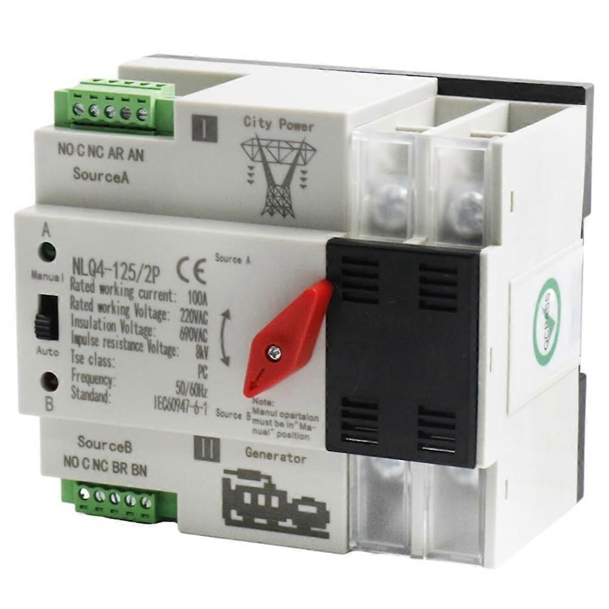 Automatic Transfer Switch 2P 100A Din Rail Mount Dual Power Switch for ...