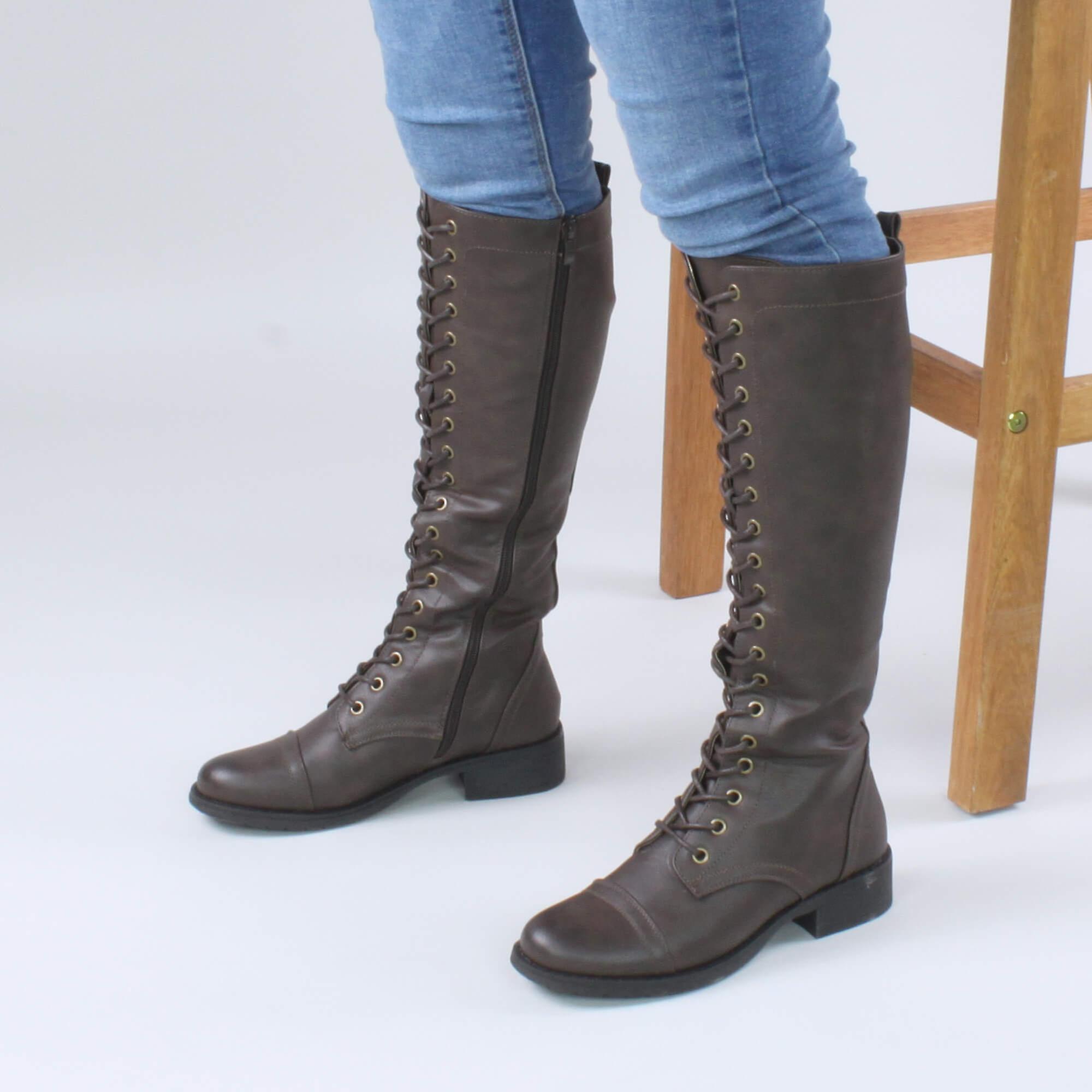 Ajvani womens low block heel lace up zip knee high calf biker army ...