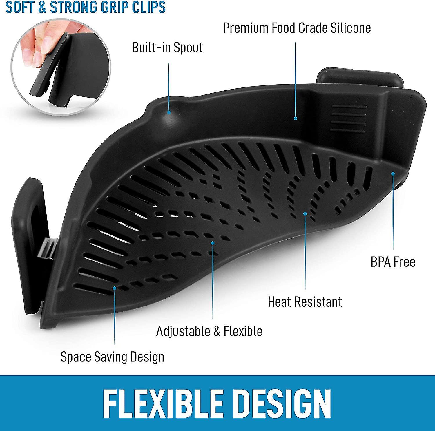 Adjustable Snap On Strainer For Most Pots & Pans - Food Grade, Heat ...