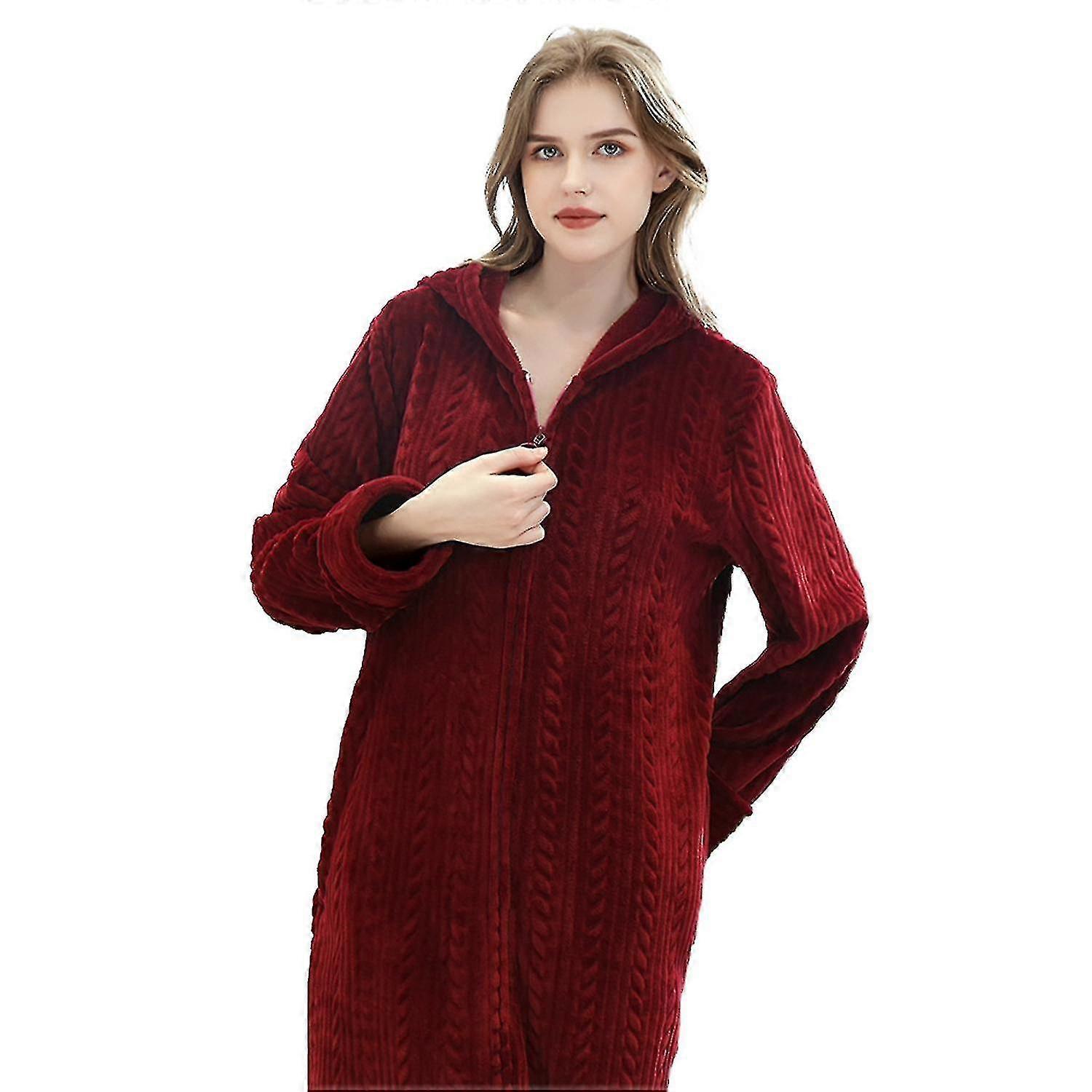 Women Hooded Dressing Gown Bathrobe Warm Soft Fleece Zip Long Robes Z ...