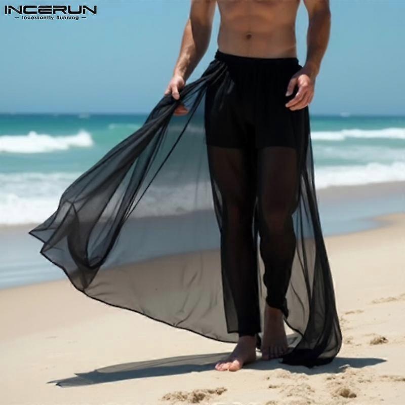 INCERUN Men Elastic Waist Layers Mesh Sheer Long Pants Fake Two Pieces ...