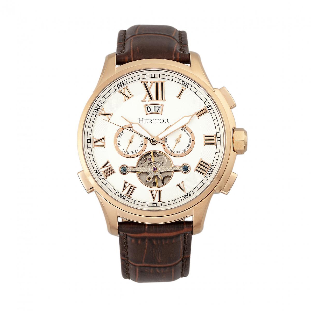 Heritor Automatic Hudson Semi-Skeleton Leather-Band Watch w/Day/Date ...