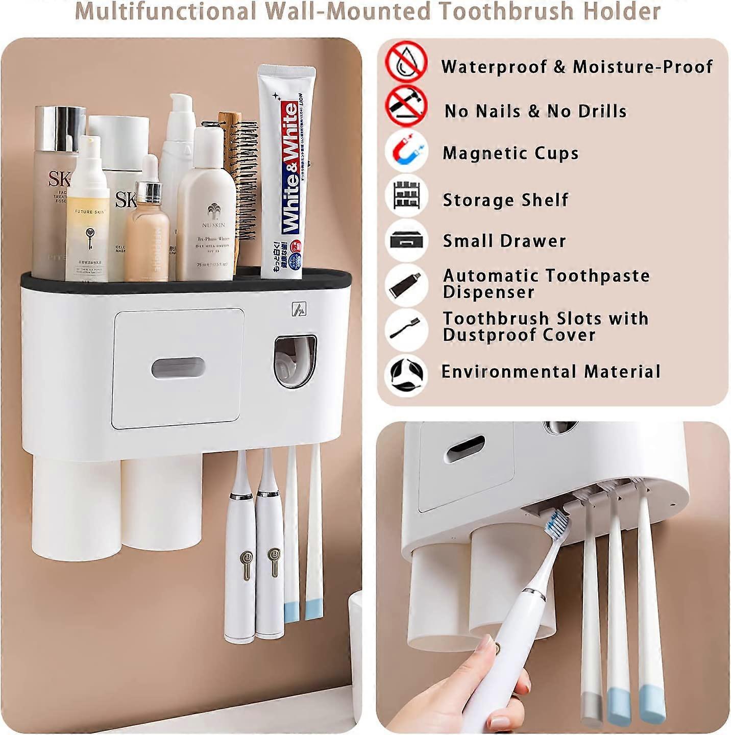 Toothbrush Holder with Toothpaste Dispenser-Multifunctional Wall ...