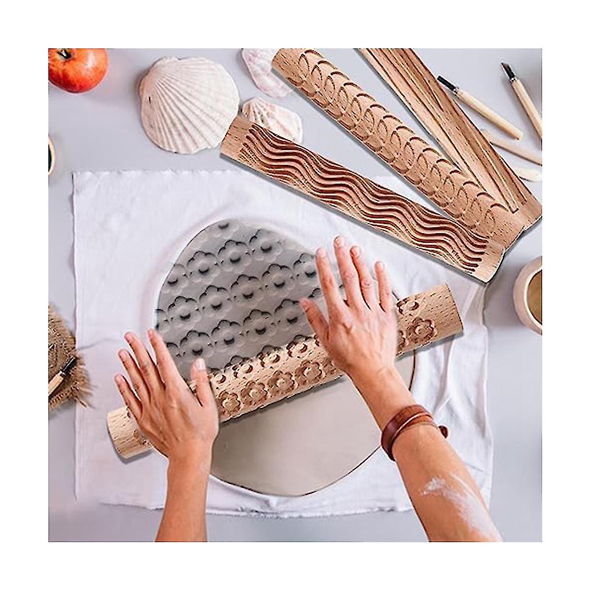 Set Of 6 Wood Clay Modeling Pattern Rollers Kit, Clay Rolling Pin ...