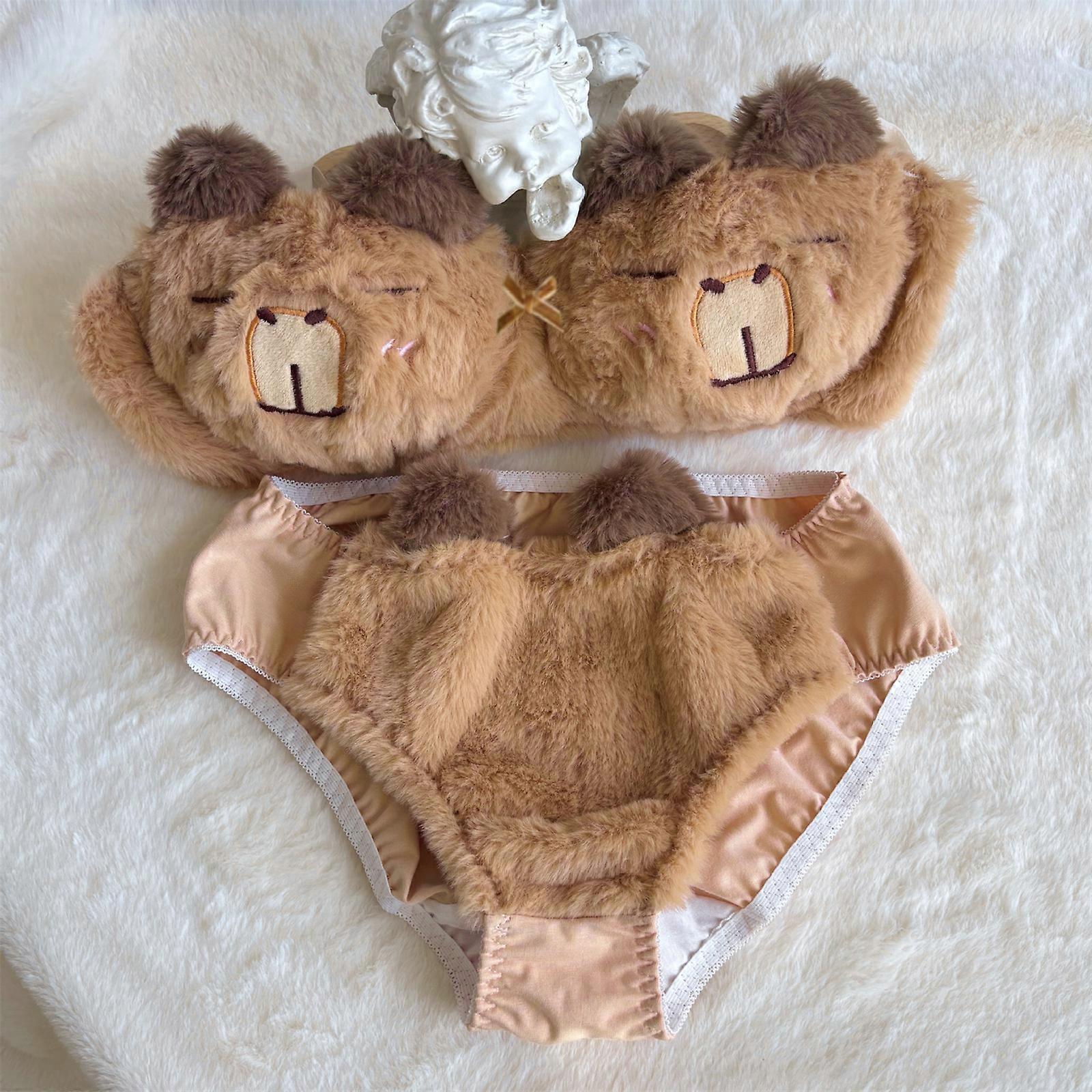 Women's Anime Capybara Plush Bra and Panty Set without Underwire Furry ...