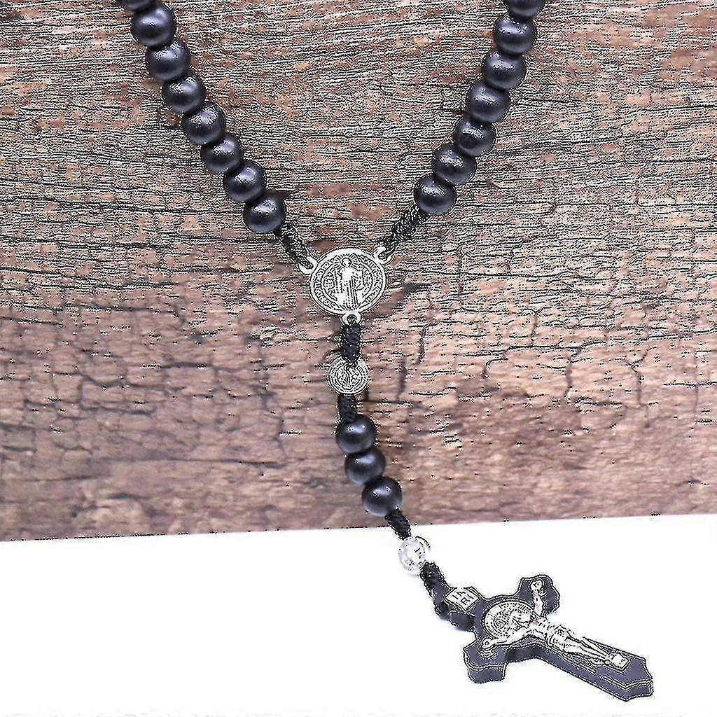 Black Wooden Christ Jesus Cross Religious Necklace Catholic Rosary ...