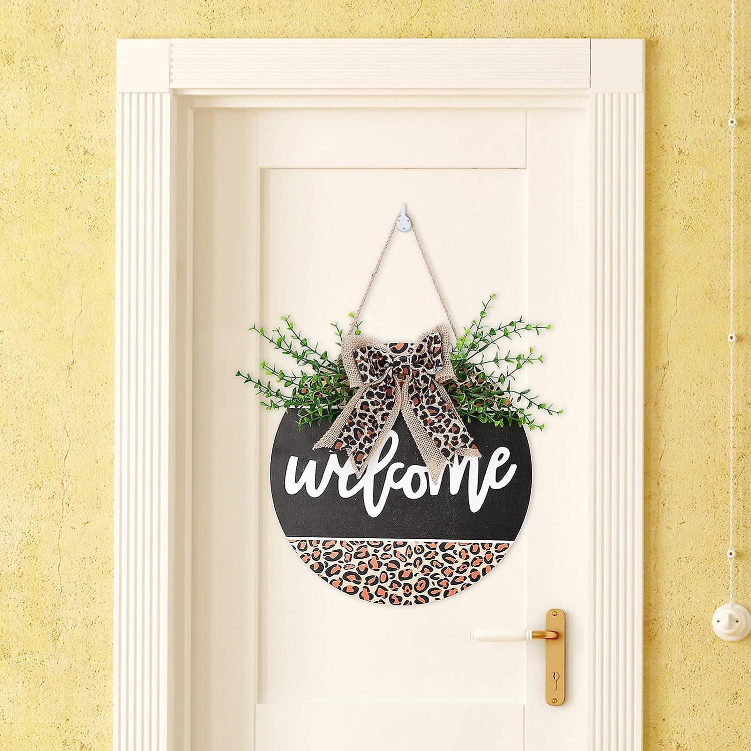Vintage Leopard Print Welcome Sign Wreath - Round Wood Hanging Front ...