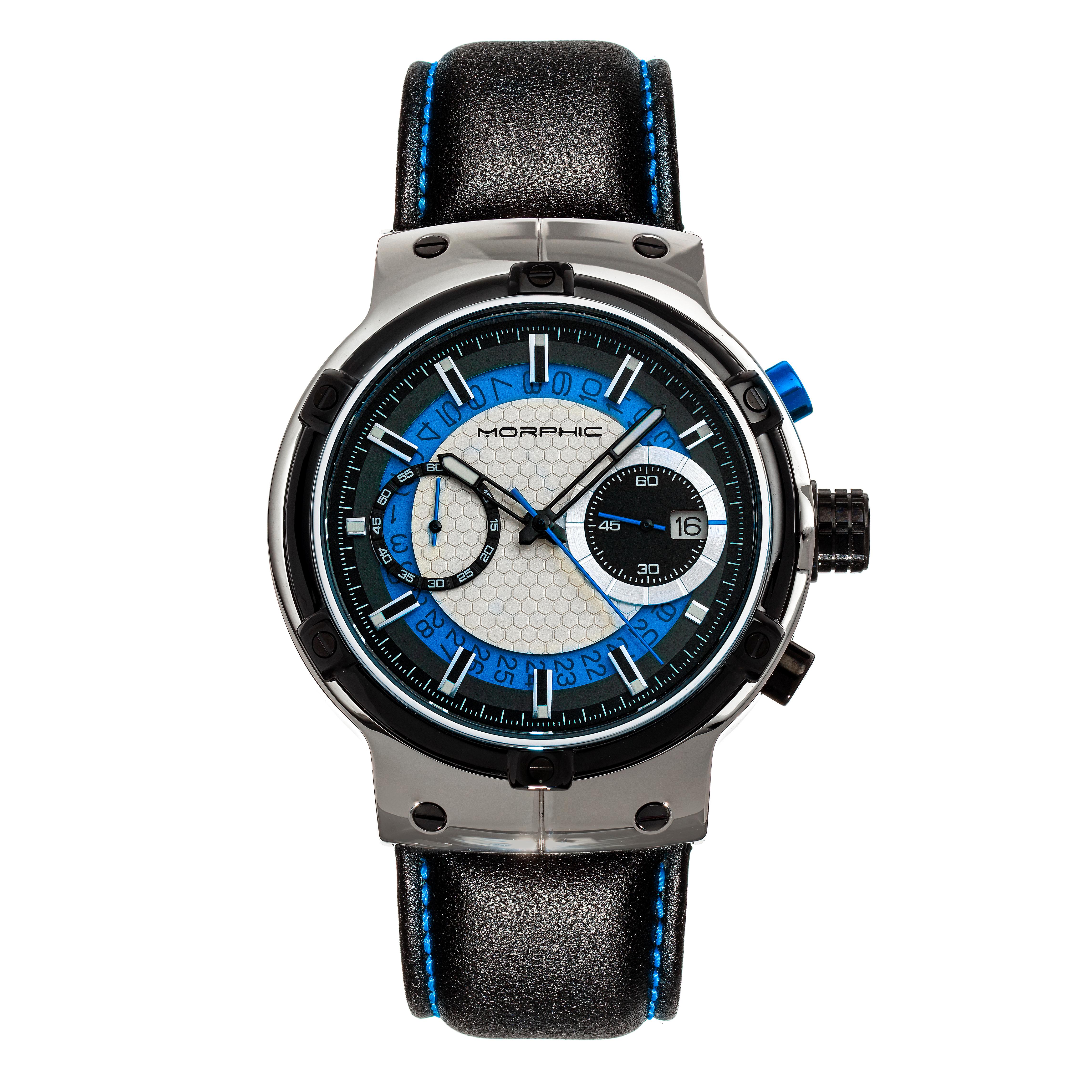 Morphic M91 Series Chronograph Leather-Band Watch w/Date - Silver/Blue ...
