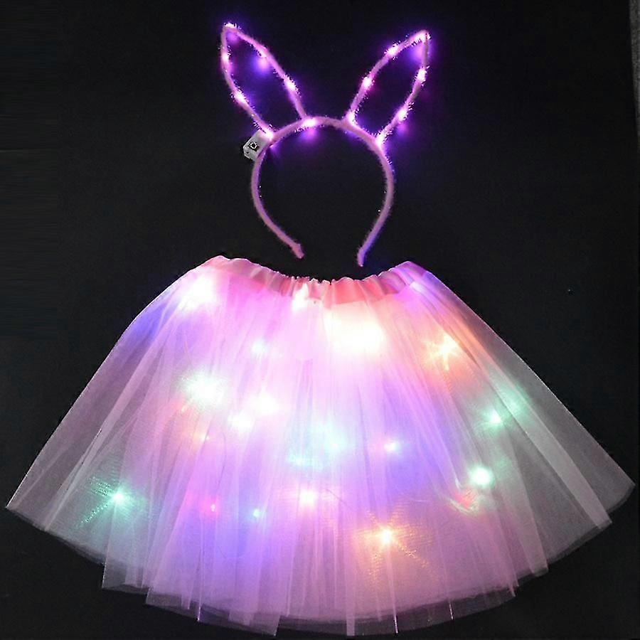 Girl Women Led Skirt Fairy Light Tutu Glow Cat Bunny Ear Crown Headband ...