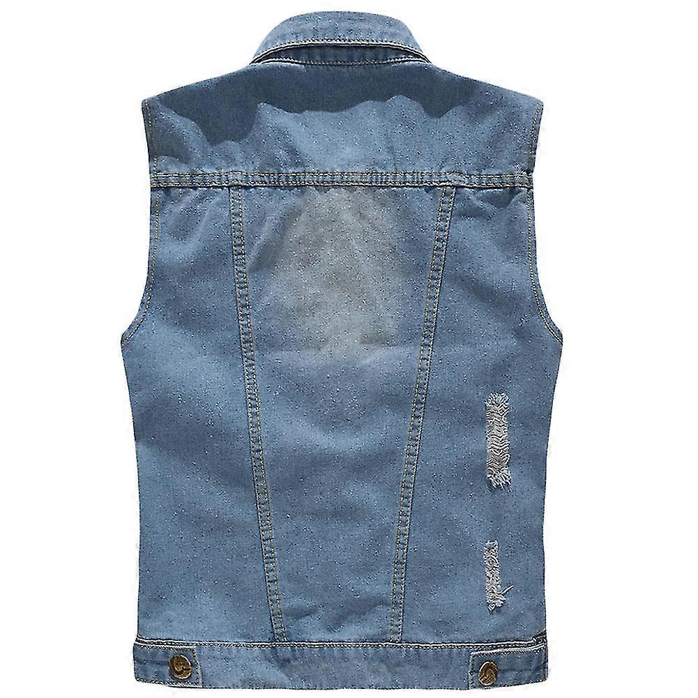Mens Classic Denim Vest Ripped Golden Button Sleeveless Vest | Fruugo UK
