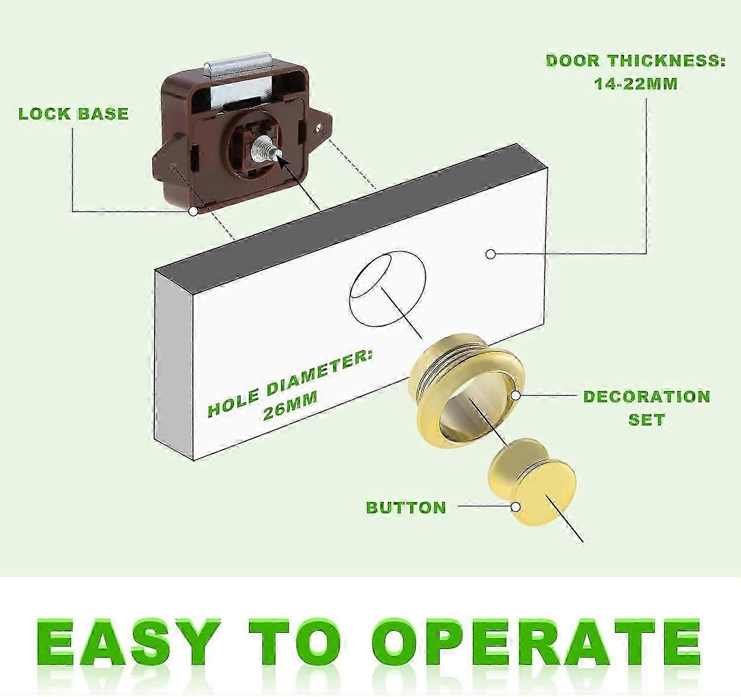 Brown and Gold 5 Pack Push Button Locks, Cabinet Drawer Locks, Keyless ...
