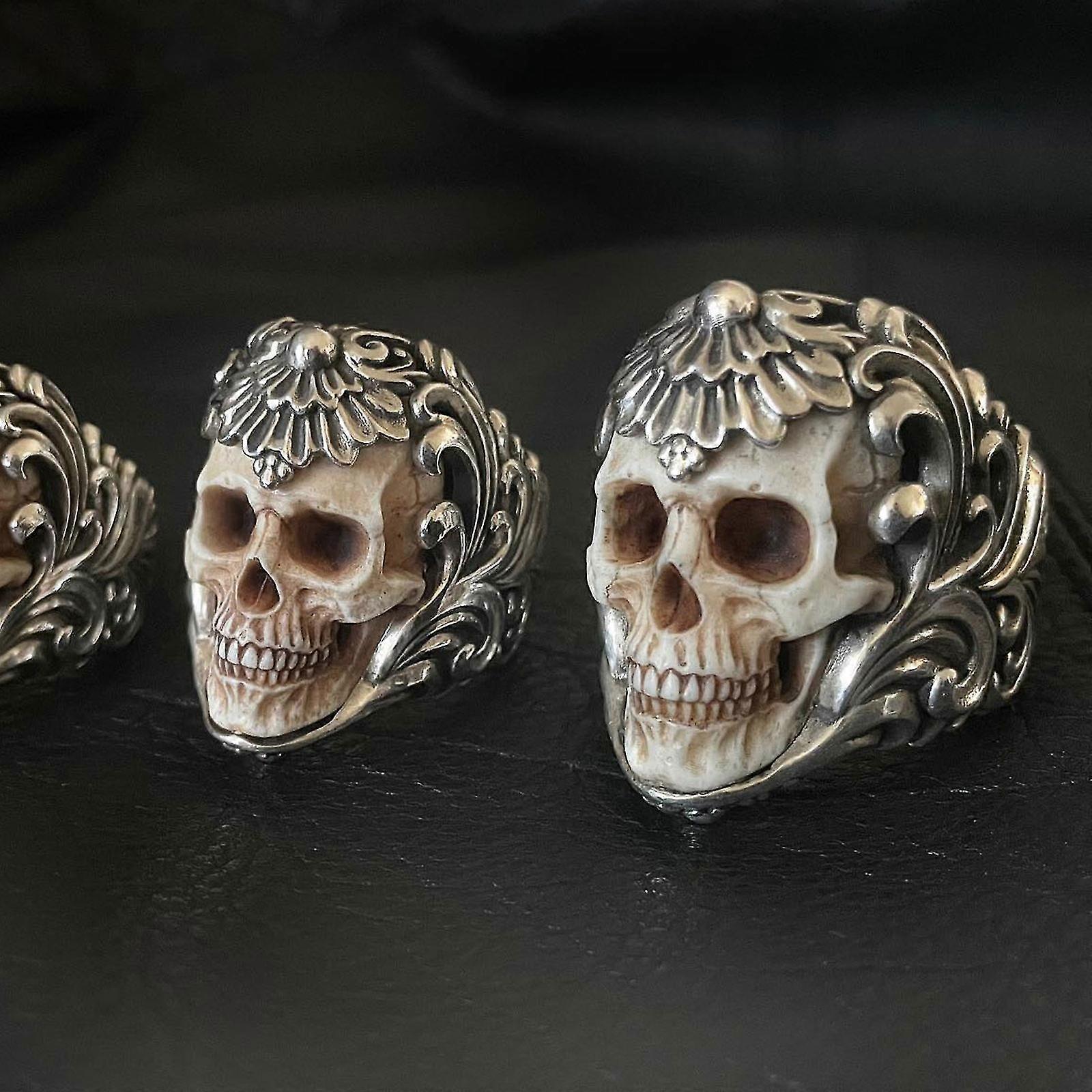 Vintage Polsk Blommig Pansar Antler Skull Ring, Justerbar Öppen Gotisk ...