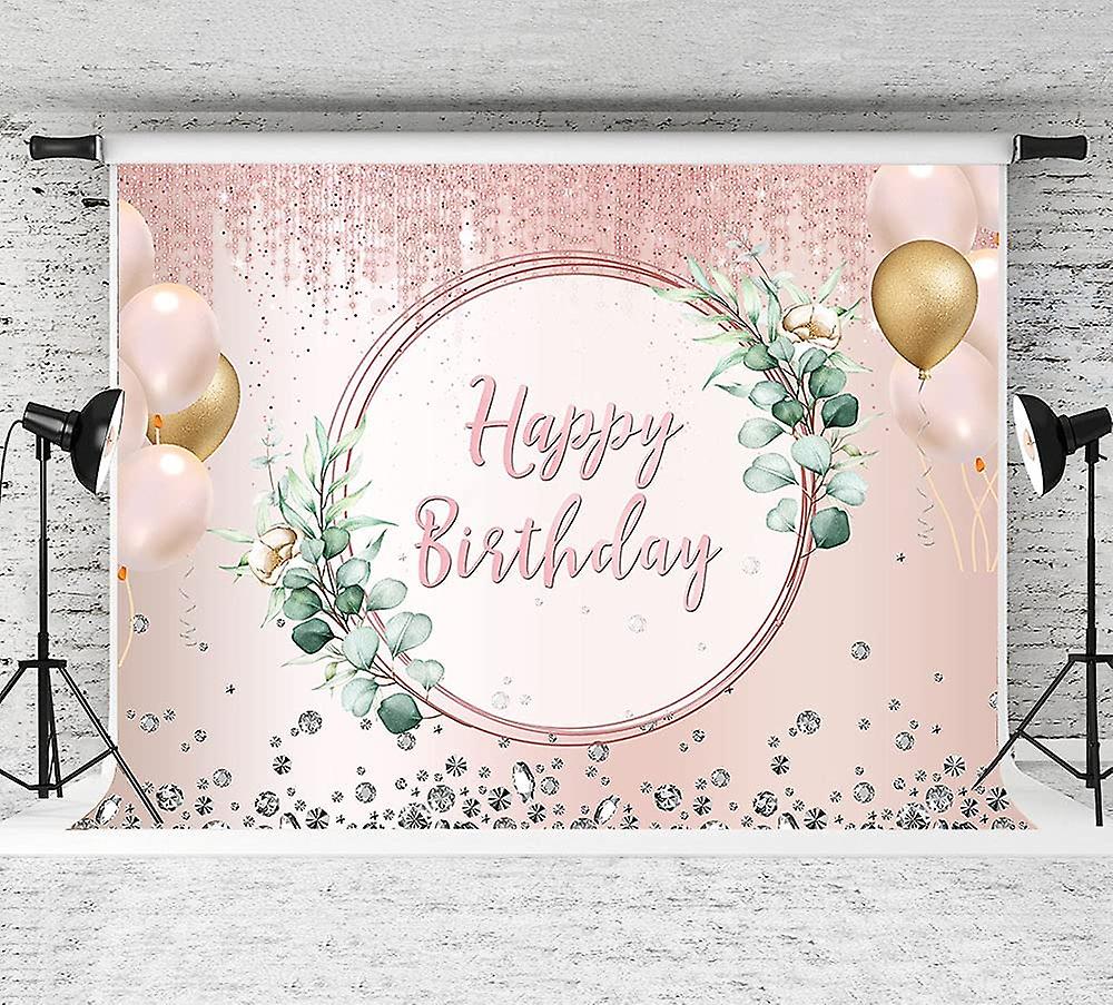 Rose Gold Glitter Birthday Backdrops For Girls Balloon Flowers Happy ...