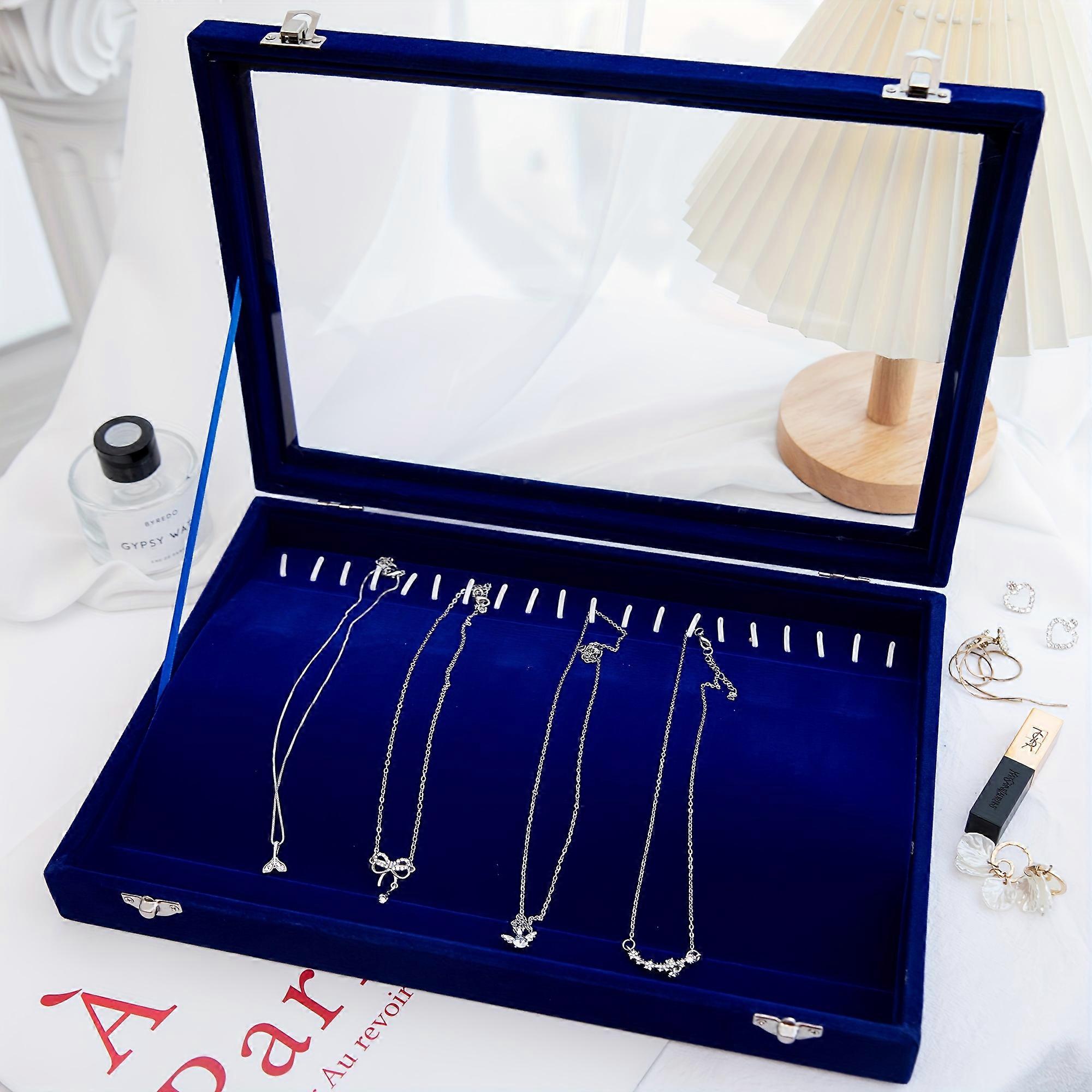 20-Hook Elegant Treasure Blue Stackable Necklace Storage Box with Clear ...