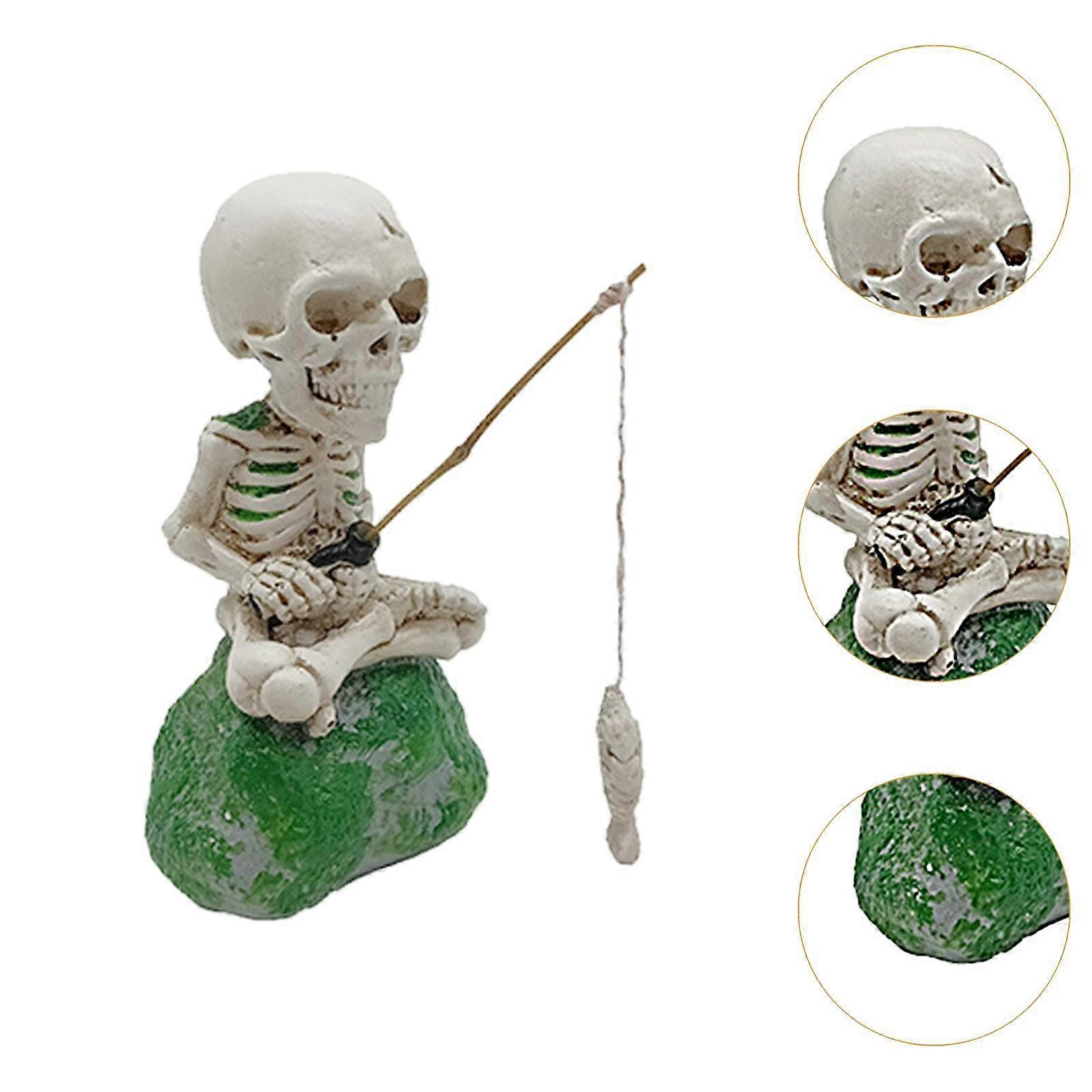 Fishing Skeleton Statue Halloween Decoration for Desktop Landscape Fish ...