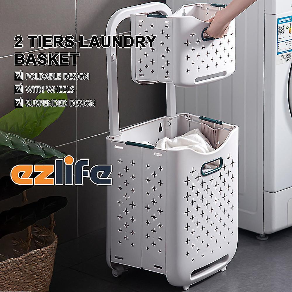 2 Tier Laundry Basket Large With Wheels Foldable Dirty Clothes Basket ...