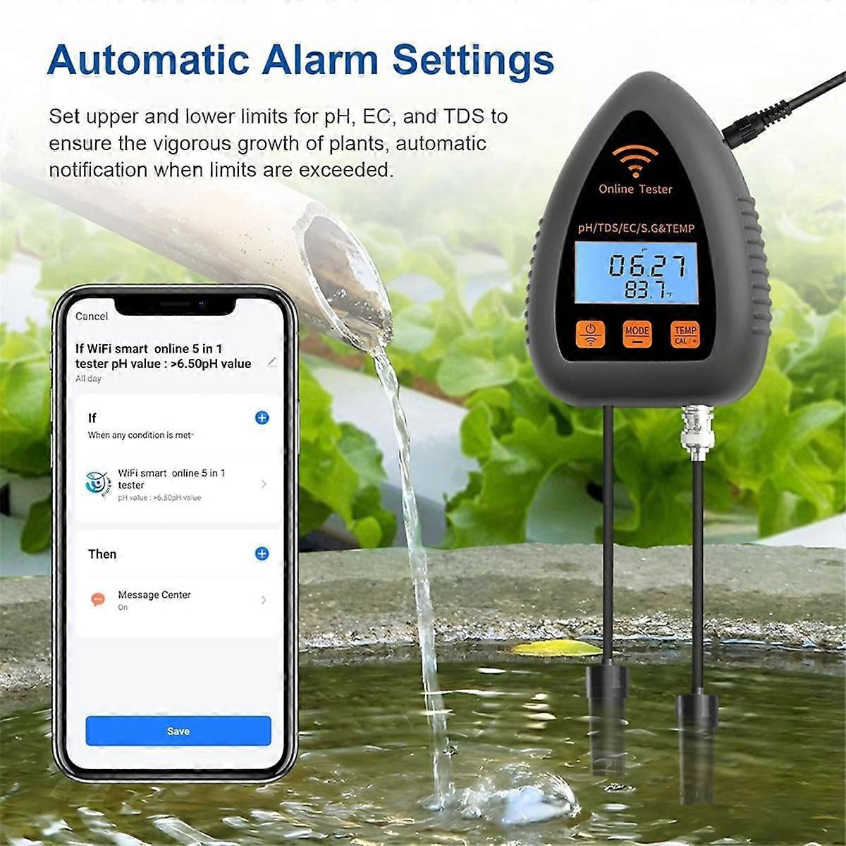 WiFi PH Monitor, Hydroponic PH Meter EC and TDS Tester, 5In1 Hydroponic ...
