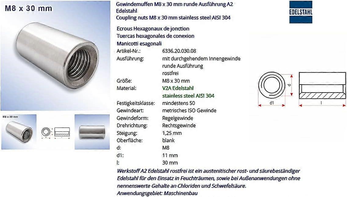 Stainless Steel A2 Round Threaded Sleeve - Connecting Nut - V2A - Round ...