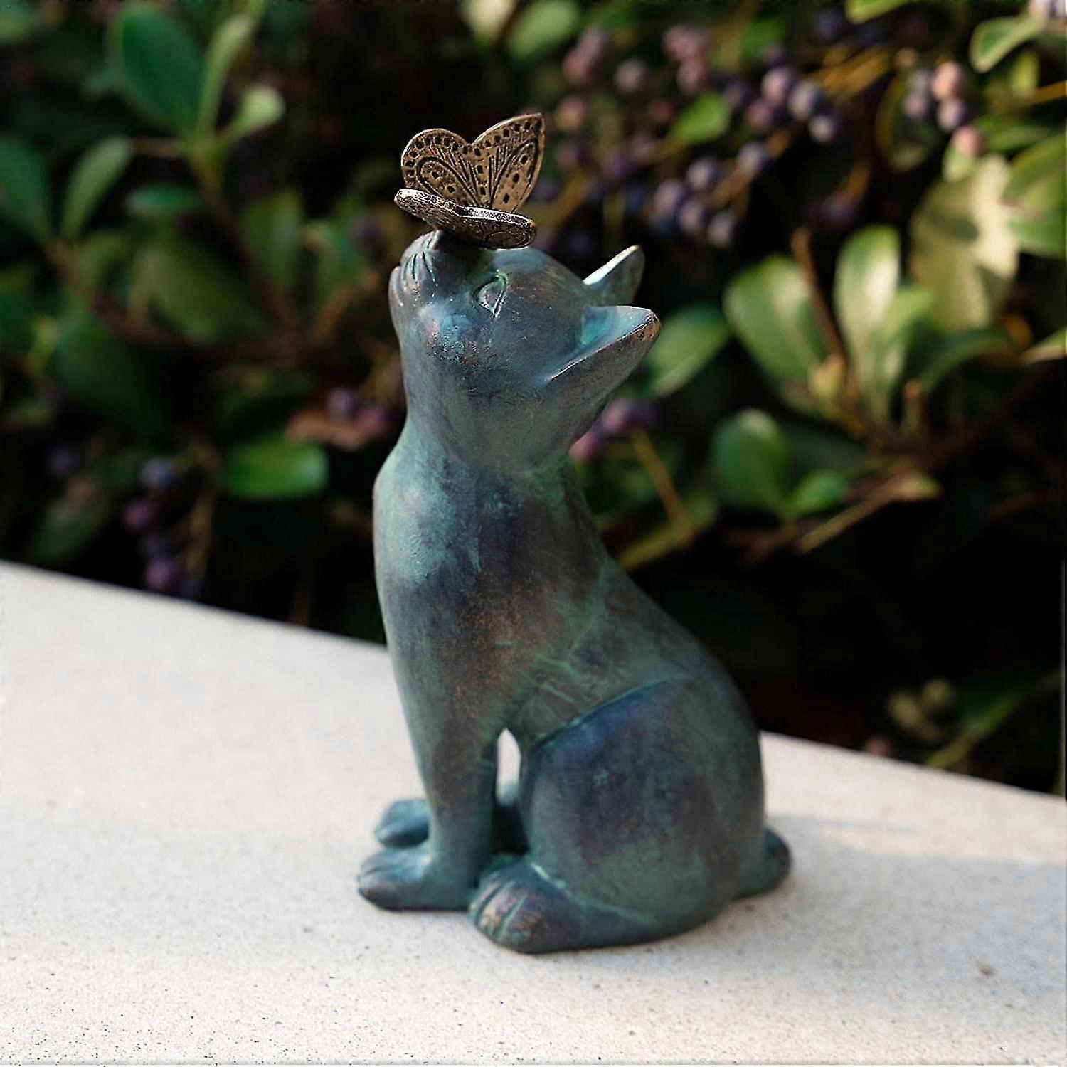1pc Cat Garden Statue, Cat With Butterfly Figurine, Cat Sculpture ...