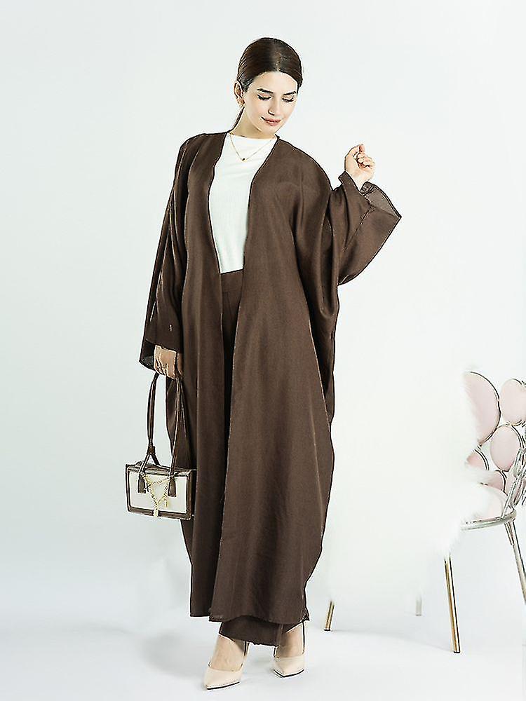 Linen Muslim Sets Dubai Turkey Abaya Kimono + Straight Leg Pants ...