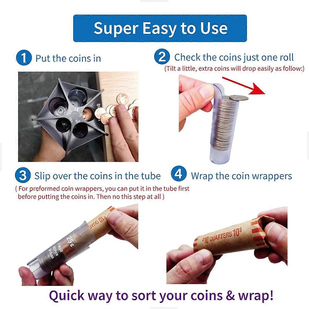 Coin Counter Coin Sorter Tube, 5-In-1 Change Sorter Coin Organizer ...
