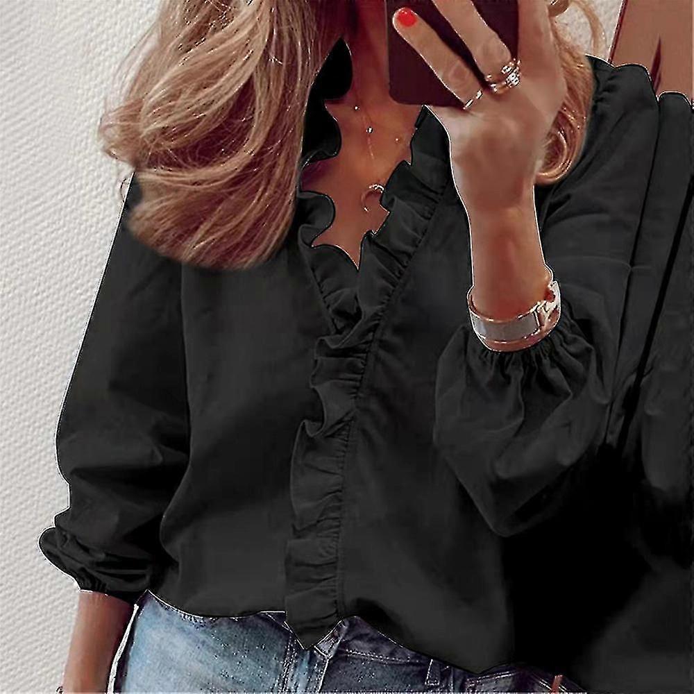 Women's Long Sleeve Blouse Casual V-neck Tops With Ruffle Trim V-neck ...