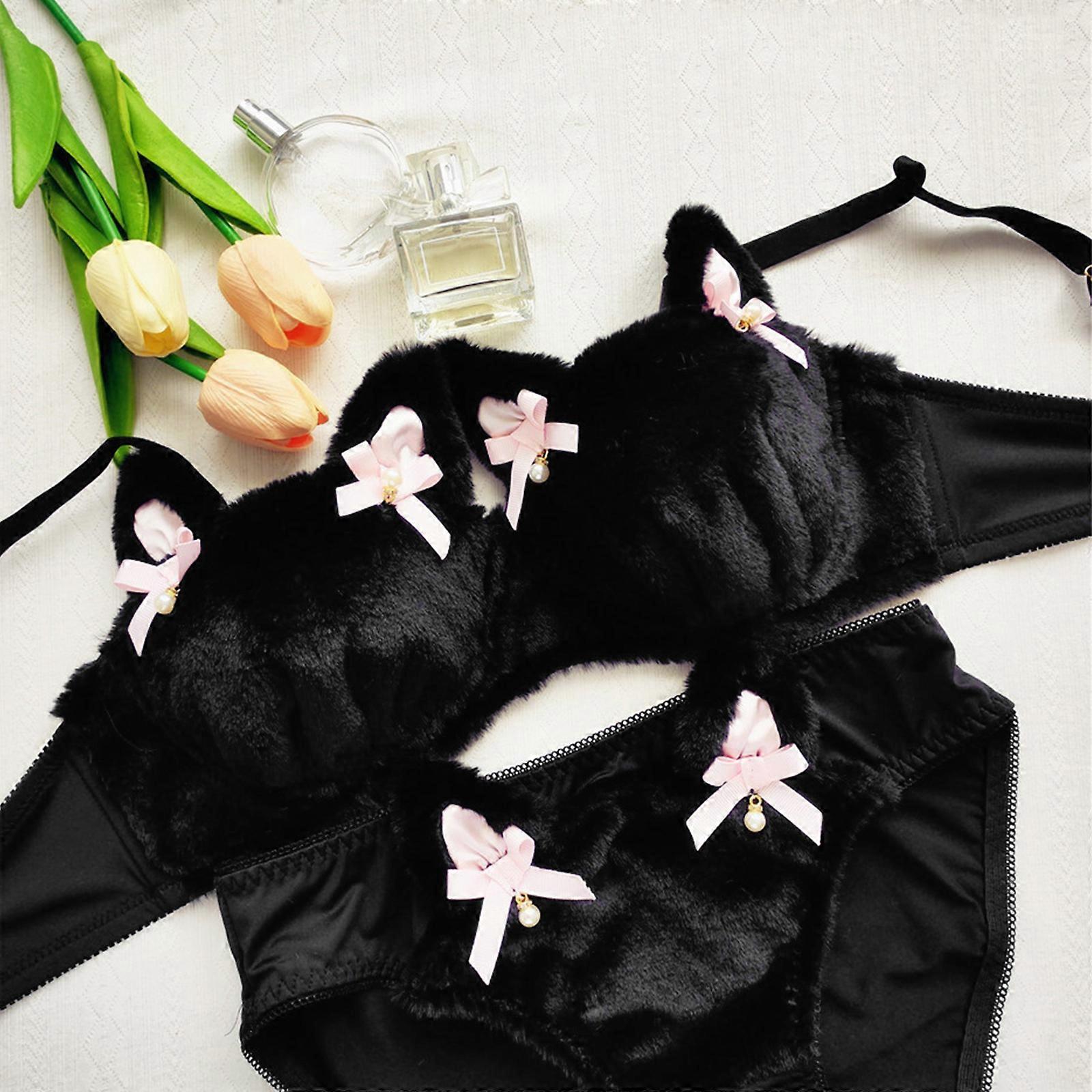 Funny Cats Underwear Set Faux Furs Bra Top and Panty Plush Lingerie Set ...
