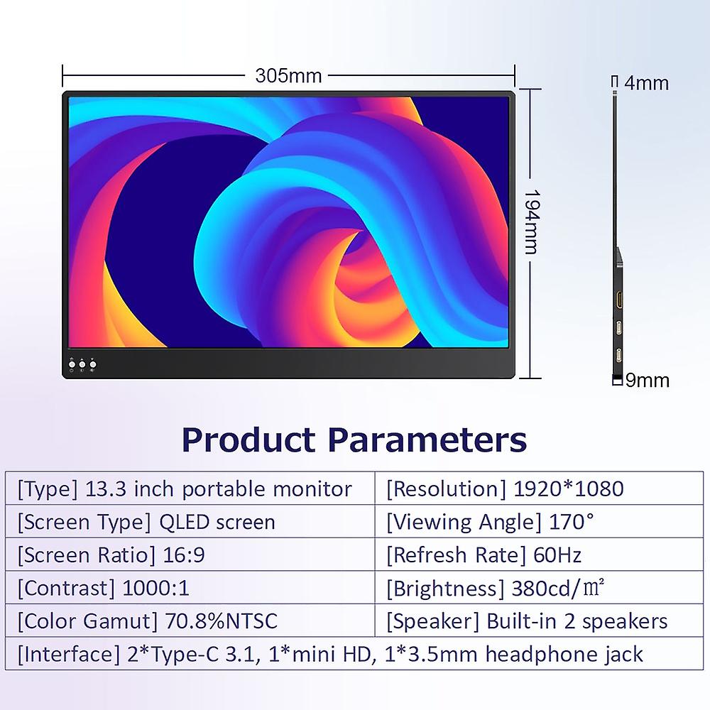 13.3 inch Portable Monitor QLED Screen 1920*1080 Resolution with ...