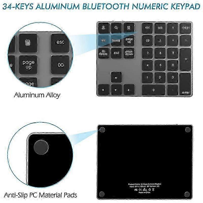 Bluetooth Numeric Keypad, Aluminum Rechargeable 34-keys Wireless Number ...