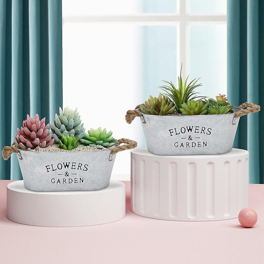 Set Of 2 Rustic Metal Planters With Handles,farmhouse Succulents Herbs ...