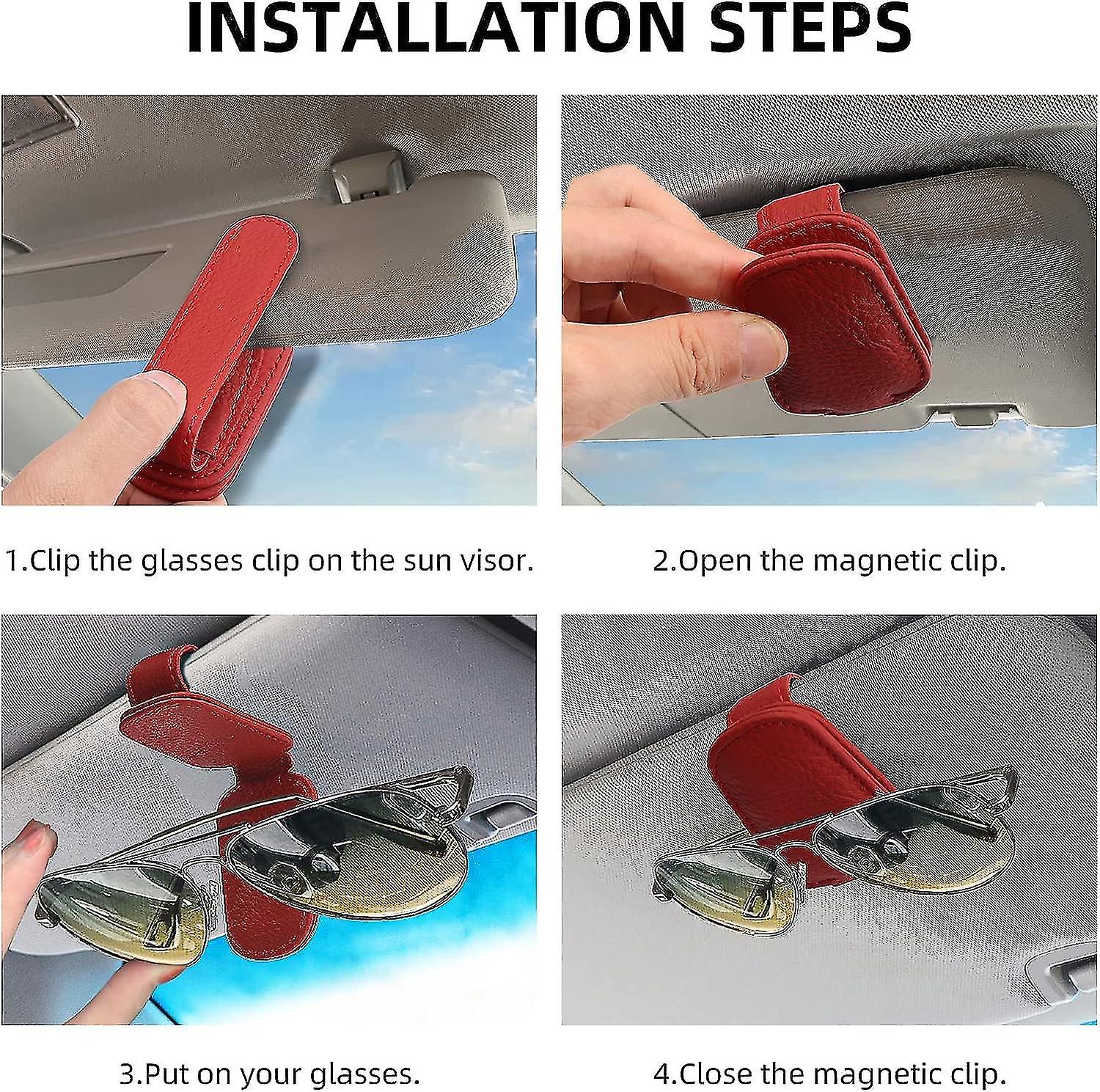 Red - 2 Pack Leather Glasses Hanger Clips, Universal Car Visor Glasses ...