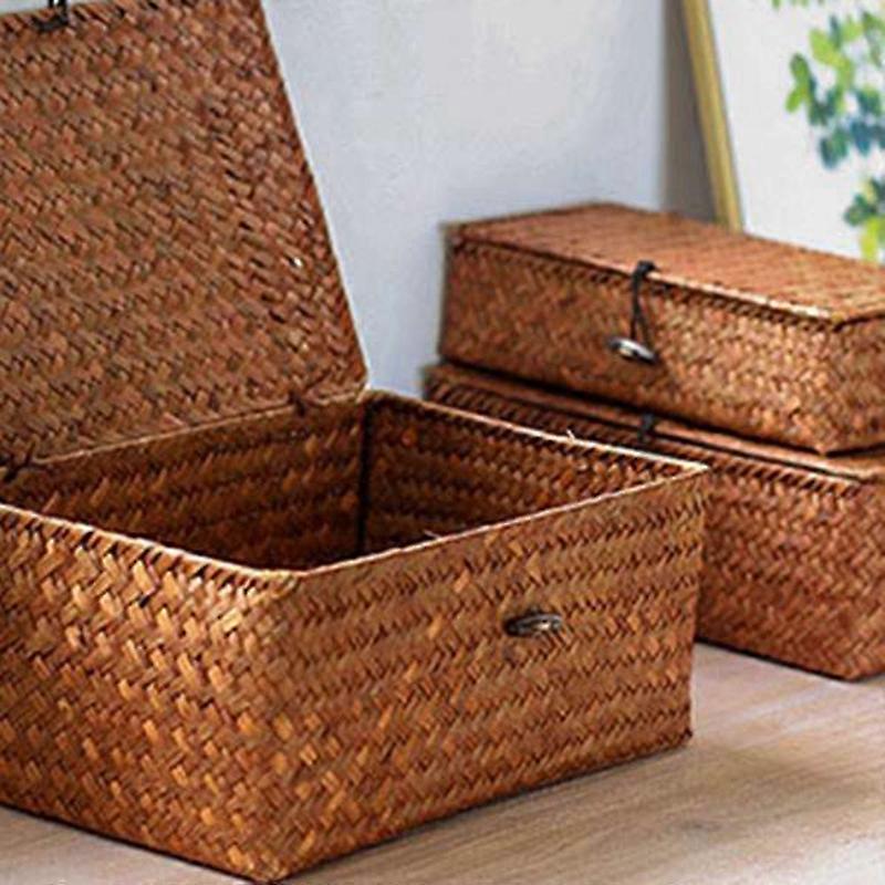 Woven Straw Storage Bins with Lid - Set of 4 - Rectangular Seagrass ...