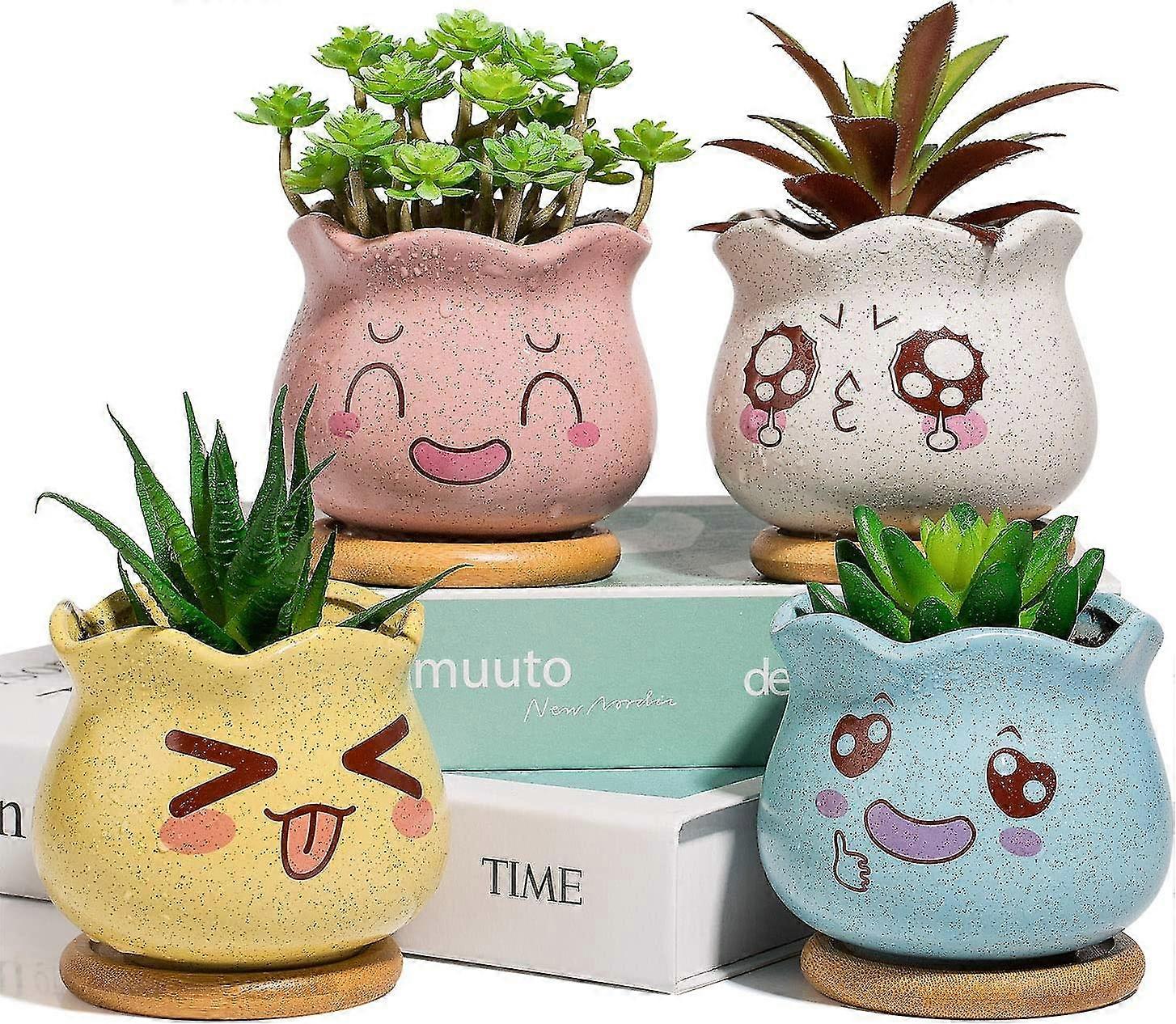 Ceramic Flower Pot With Bamboo Tray And Cute Emoticon Decor, Cute ...