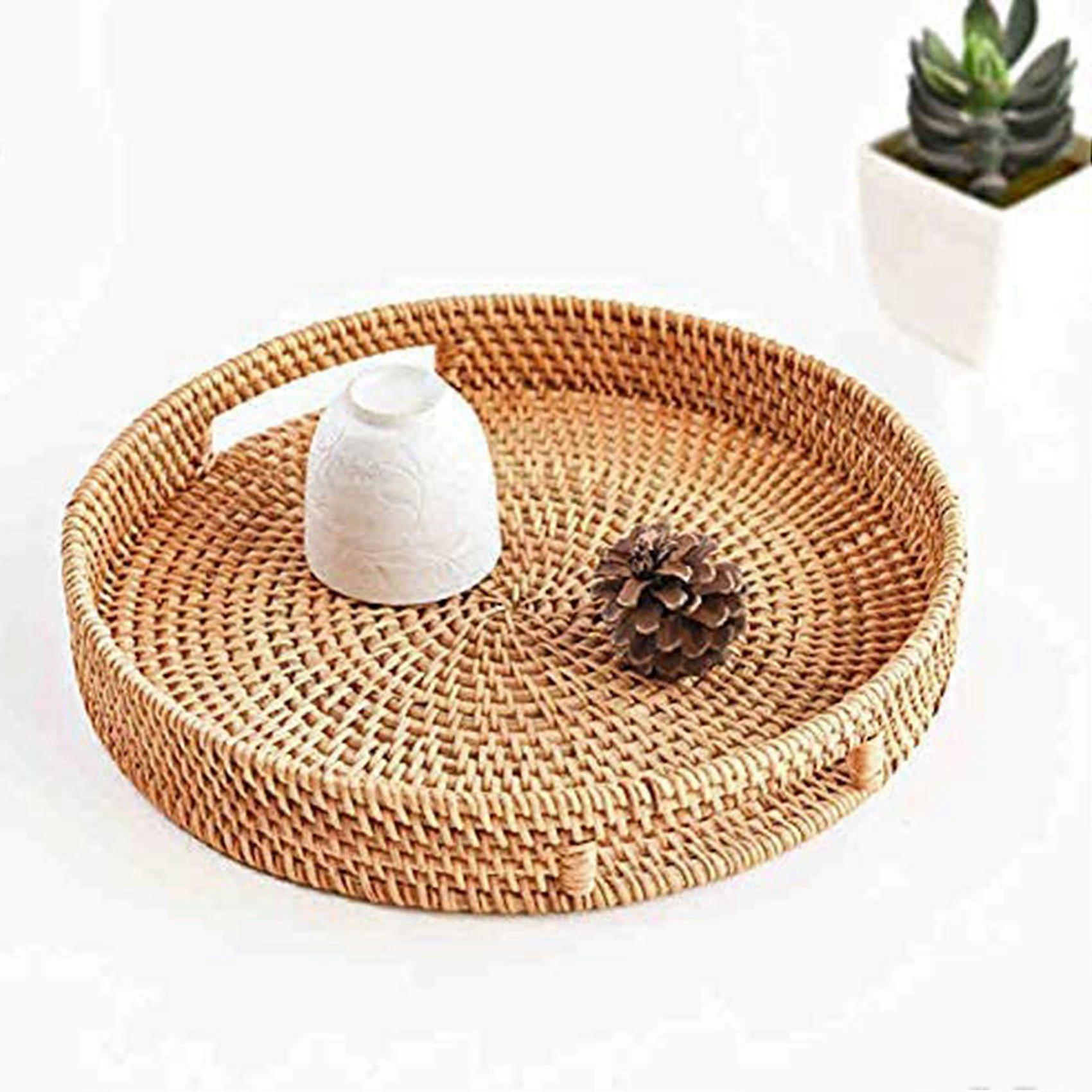 Round Rattan Serving Tray Decorative Woven Ottoman Trays with Handles ...