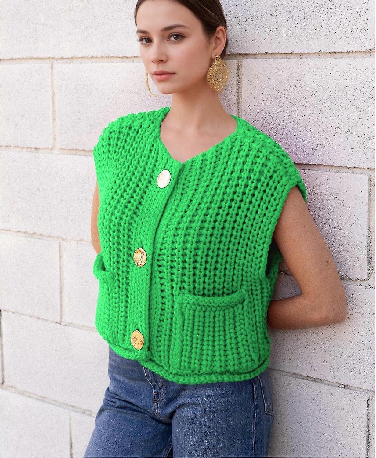 Womens Crochet Chunky Knit Top Sleeveless Button Down Crop Tops Trendy ...