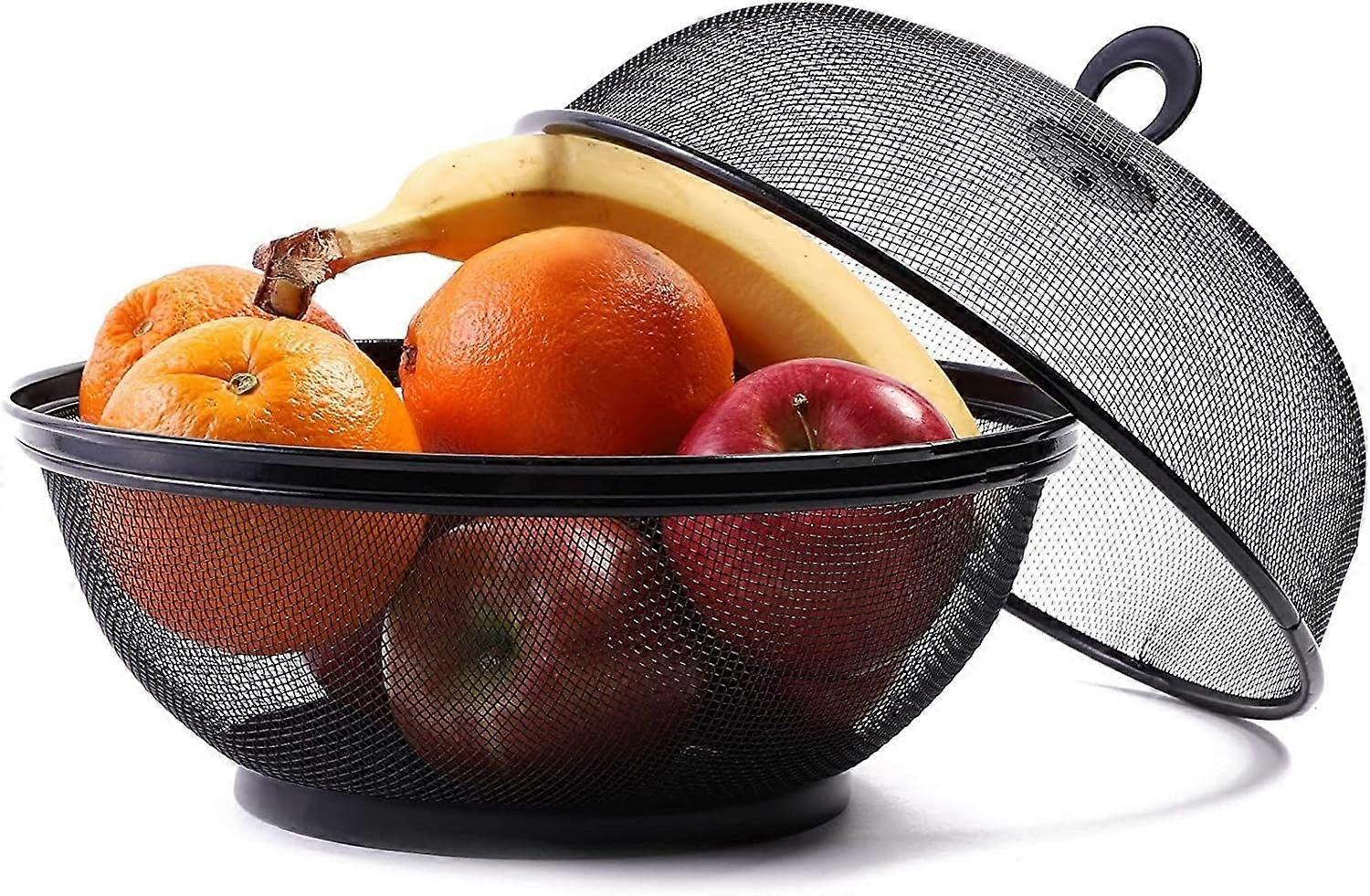 Kitchen Mesh Fruit Basket with Lid - Black Wire Display for Produce ...