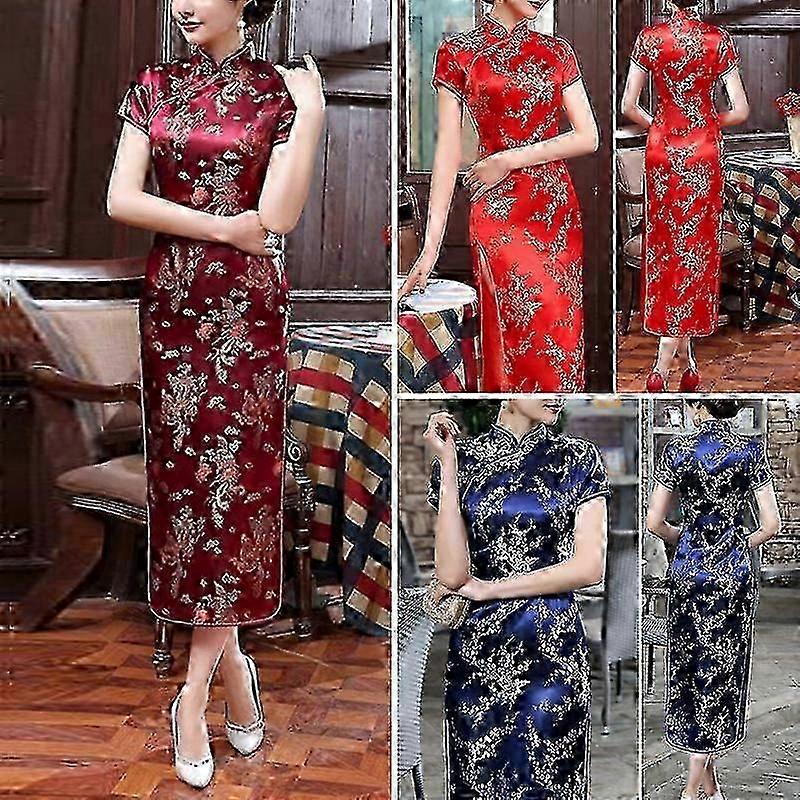 Women Dress Chinese National Style Floral Embroidery Stand Collar Short ...