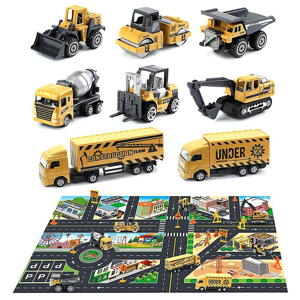 8pcs Mini Construction Truck Car Models Road Sign City Map Carpet Kids ...